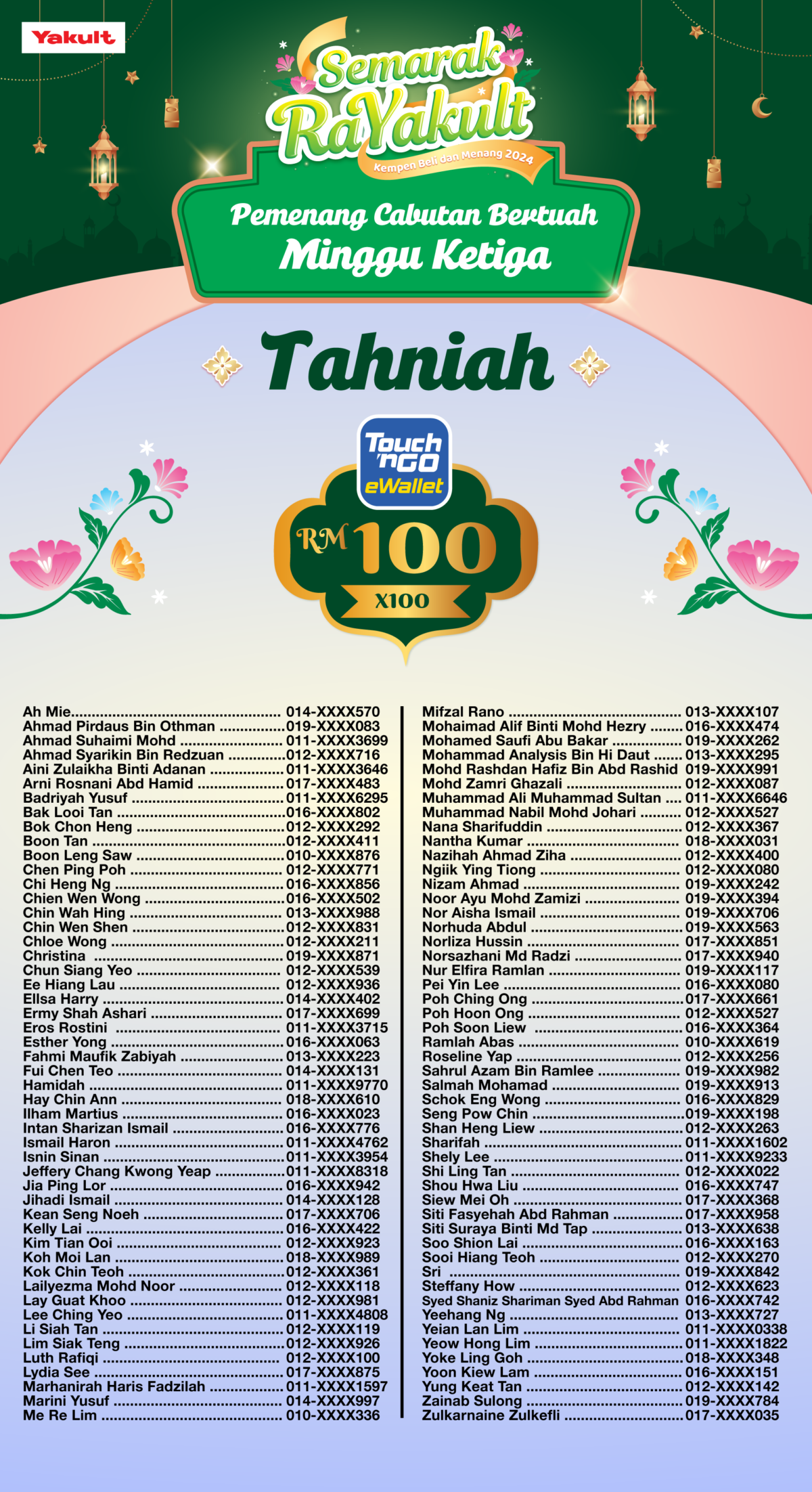 Raya 2024 Week 3 Winners - Yakult Malaysia